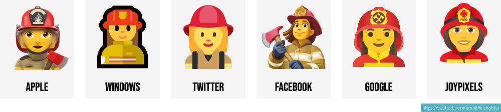🧑‍🚒 Firefighter emojis 🧑🏻‍🚒🧑🏼‍🚒🧑🏽‍🚒🧑🏾‍🚒🧑🏿‍🚒👨‍🚒👩‍🚒