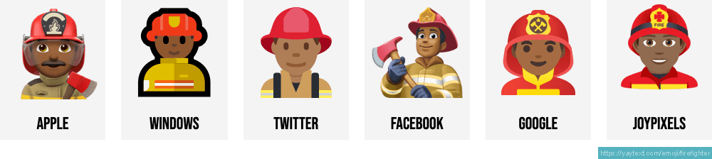 🧑‍🚒 Firefighter emojis 🧑🏻‍🚒🧑🏼‍🚒🧑🏽‍🚒🧑🏾‍🚒🧑🏿‍🚒👨‍🚒👩‍🚒
