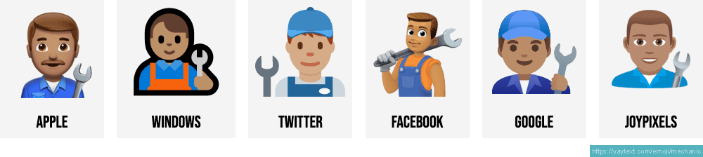 🧑‍🔧 Mechanic emojis 🧑🏻‍🔧🧑🏼‍🔧🧑🏽‍🔧🧑🏾‍🔧🧑🏿‍🔧👨‍🔧👩‍🔧