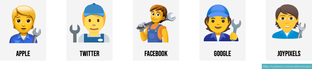 🧑‍🔧 Mechanic emojis 🧑🏻‍🔧🧑🏼‍🔧🧑🏽‍🔧🧑🏾‍🔧🧑🏿‍🔧👨‍🔧👩‍🔧