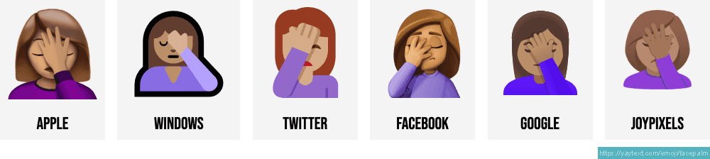 🤦 Facepalming emojis 🤦🏻🤦🏼🤦🏽🤦🏾🤦🏿🤦‍♂️🤦‍♀️