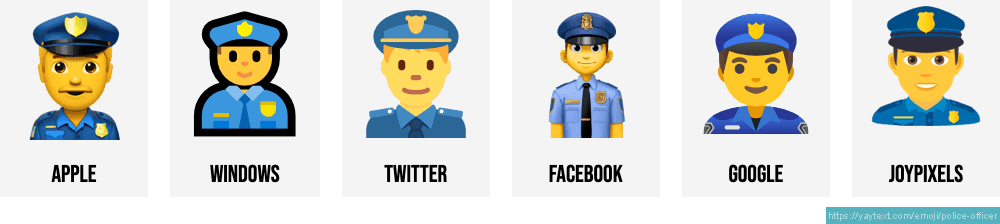 👮 Police officer emojis 👮🏻👮🏼👮🏽👮🏾👮🏿👮‍♂️👮‍♀️