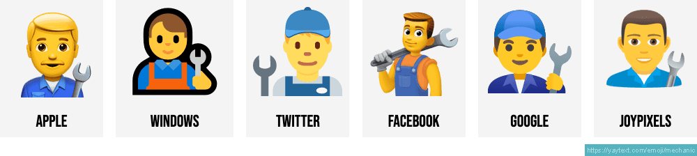 🧑‍🔧 Mechanic emojis 🧑🏻‍🔧🧑🏼‍🔧🧑🏽‍🔧🧑🏾‍🔧🧑🏿‍🔧👨‍🔧👩‍🔧