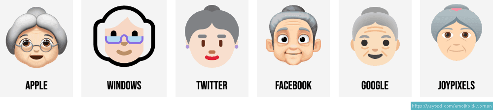 👵 Old woman / grandma emojis 👵🏻👵🏼👵🏽👵🏾👵🏿
